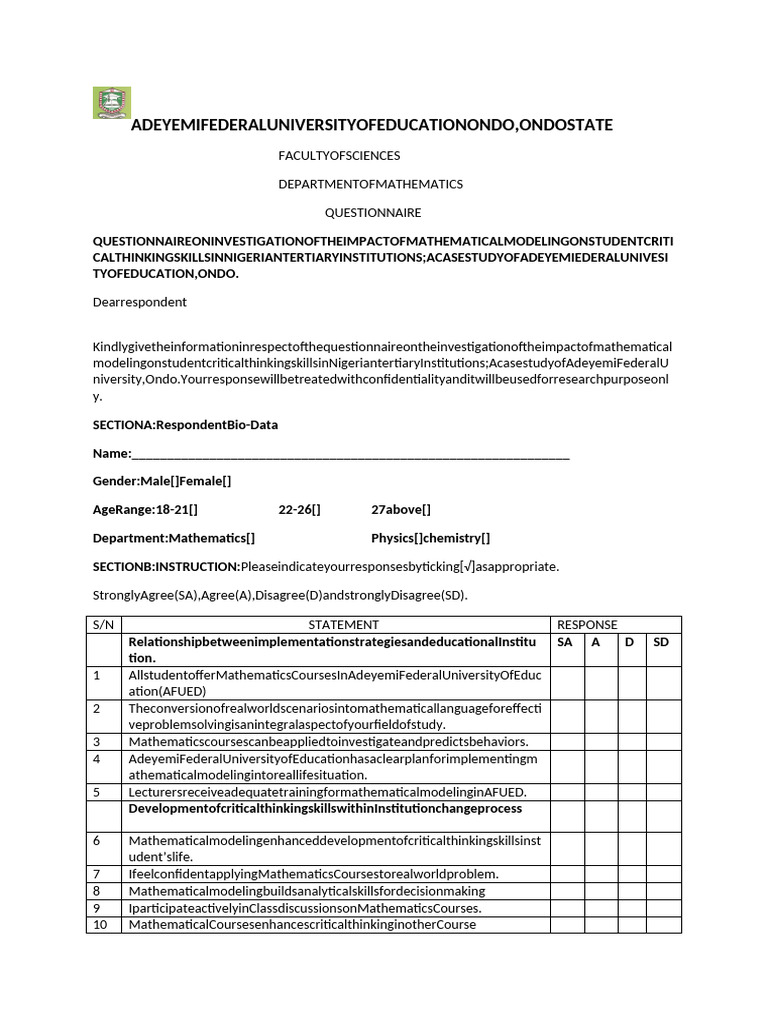 Questionnaire for Mathematics Department-2-1 | PDF