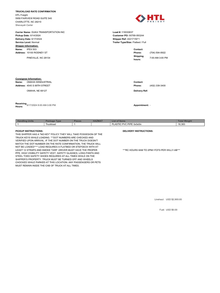 HTL Freight Truckload Rate Confirmation | PDF | Cargo | Transport