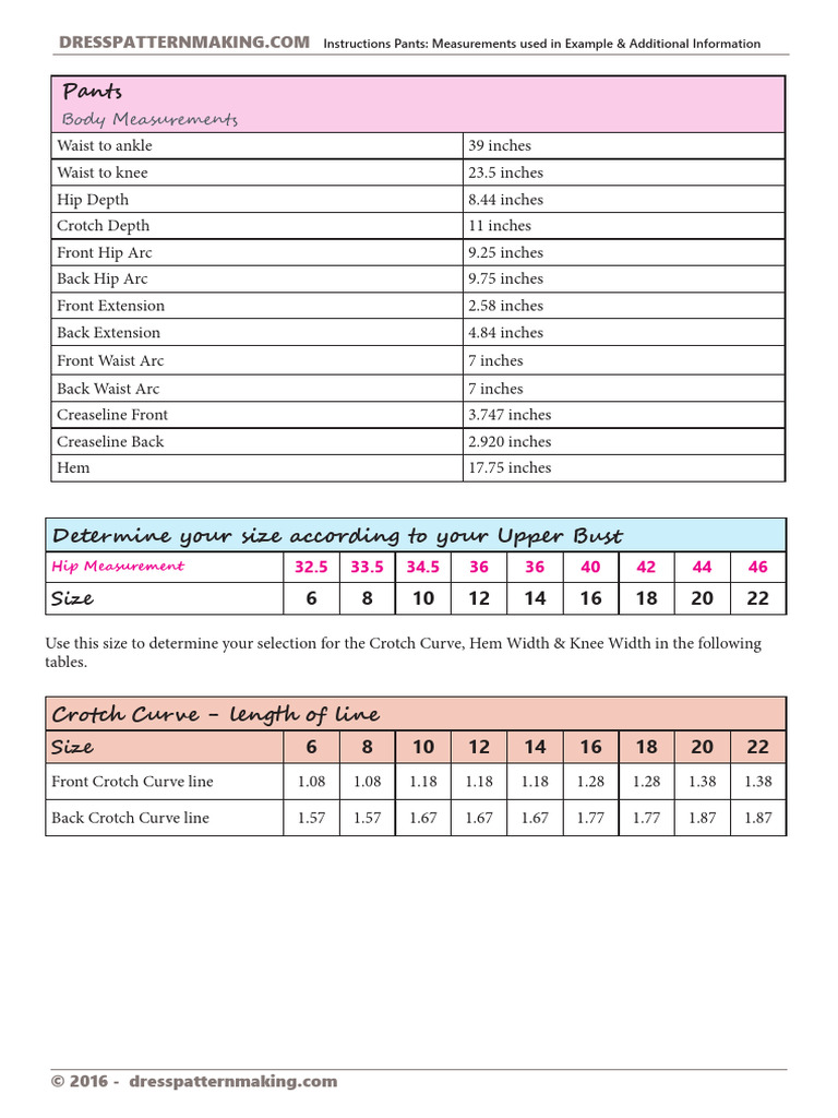 Pants Example Measurements and Additional Information | PDF | Waist ...