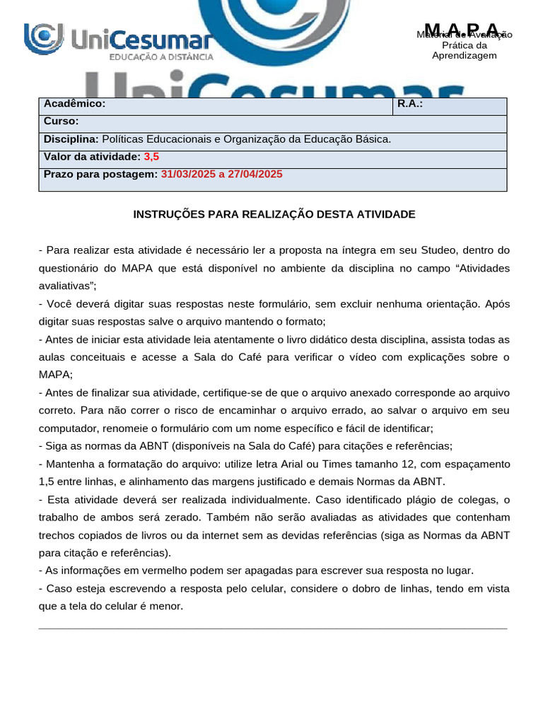 M.A.P.A.: Acadêmico: R.A.: Curso: Disciplina: Valor Da Atividade: Prazo para Postagem | PDF ...