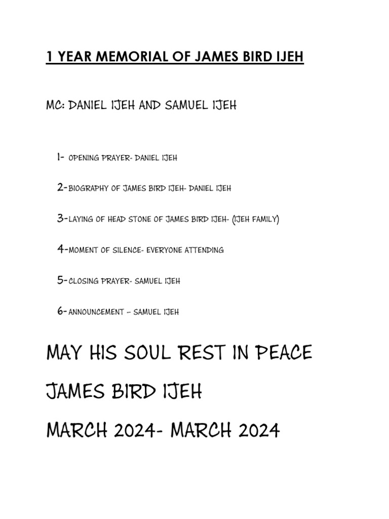 1 Year Memorial of James Bird Ijeh | PDF