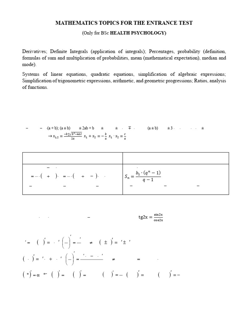 Mathematics Topics and Formulas For The Entrance Test | PDF | Quadratic ...