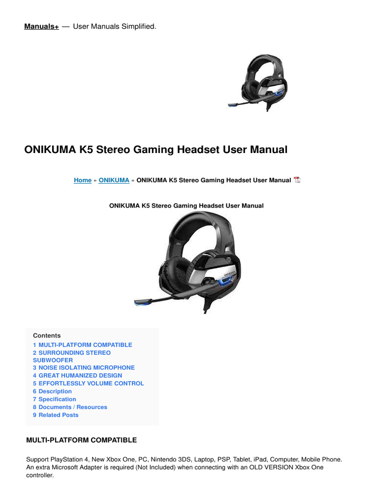 ONIKUMA K5 Gaming Headset Manual | PDF | Headphones | Microphone