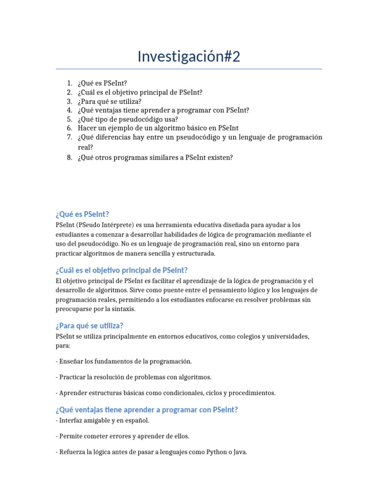 Investigacion Resuelta PSeInt | PDF | Programación de computadoras | Algoritmos