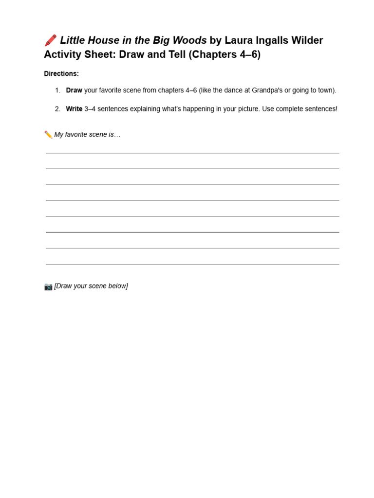 Little House in the Big Woods by Laura Ingalls Wilder Activity Sheet ...