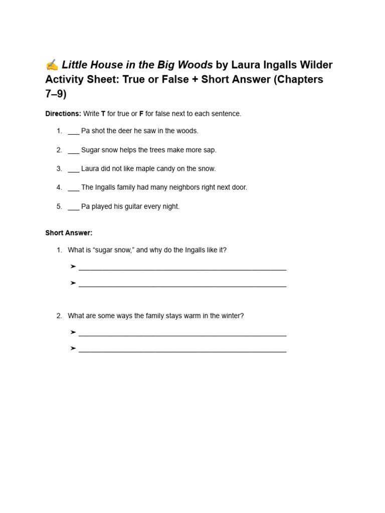 Little House in The Big Woods by Laura Ingalls Wilder Activity Sheet ...
