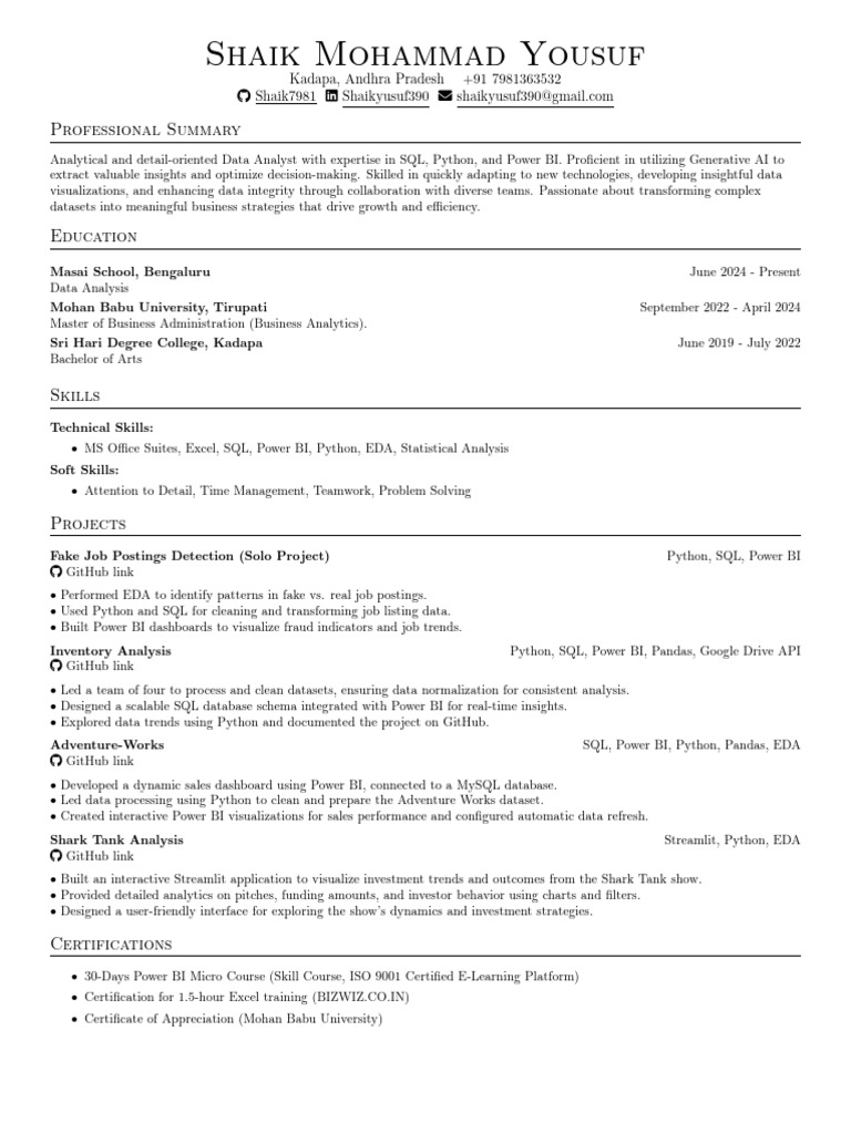 DA .Shaik Mohammad Yousuf Resume Overleaf | PDF | Data | Databases