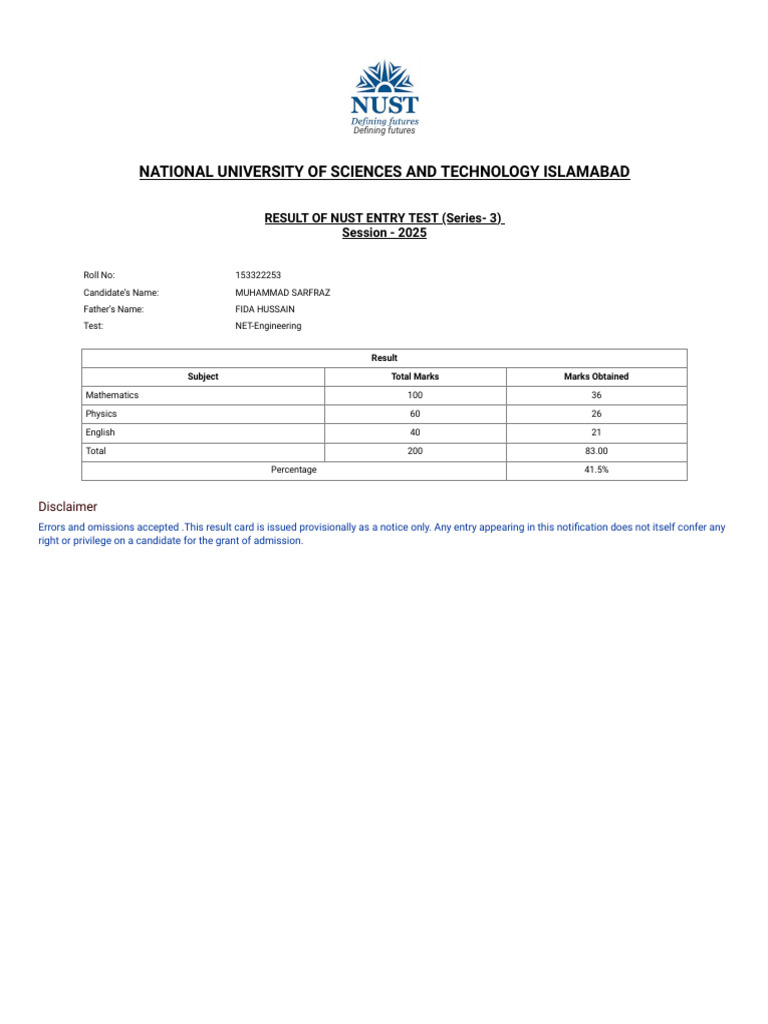 NUST Entry Test Result 2025 | PDF