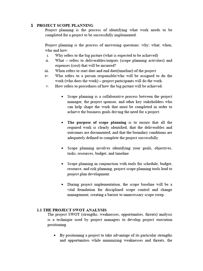 Project Scope Planning and SWOT Analysis | PDF | Swot Analysis | Cognition