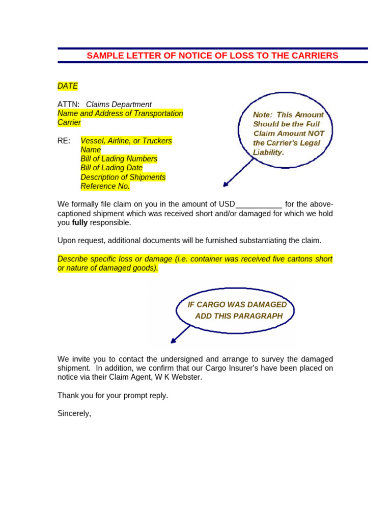 Cargo Damage Claim Letter Sample | PDF