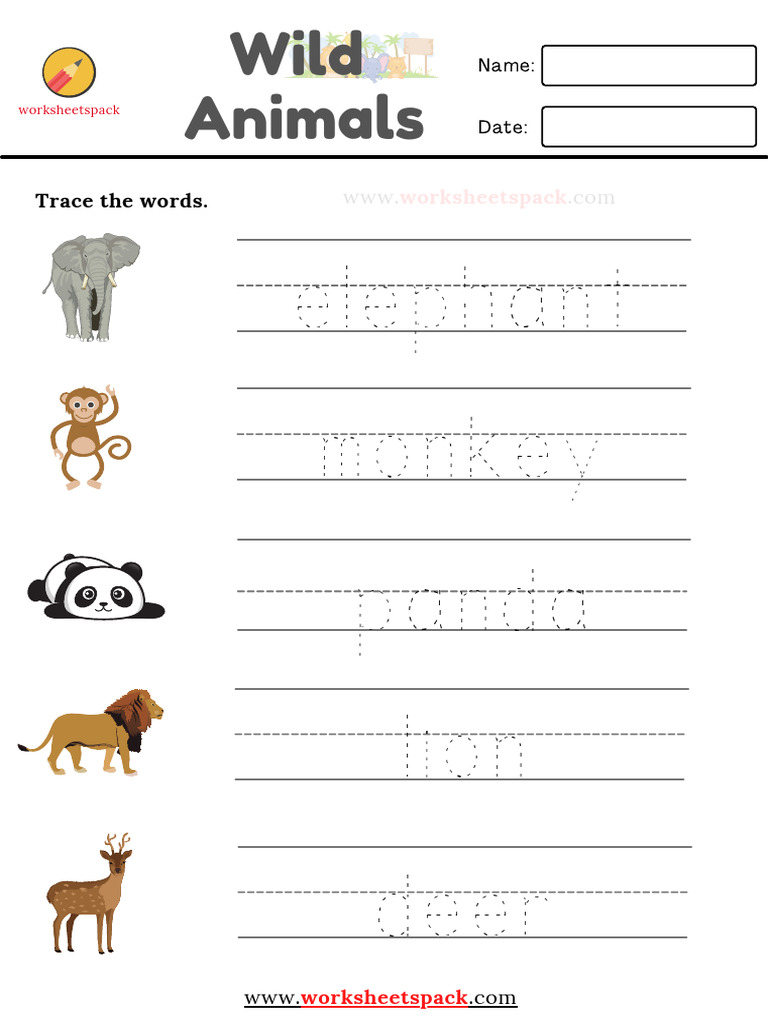 Wild Animals Words Tracing Worksheets | PDF