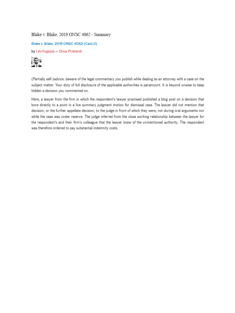 Blake v. Blake, 2019 ONSC 4062 - Summary - CanLII Connects | PDF