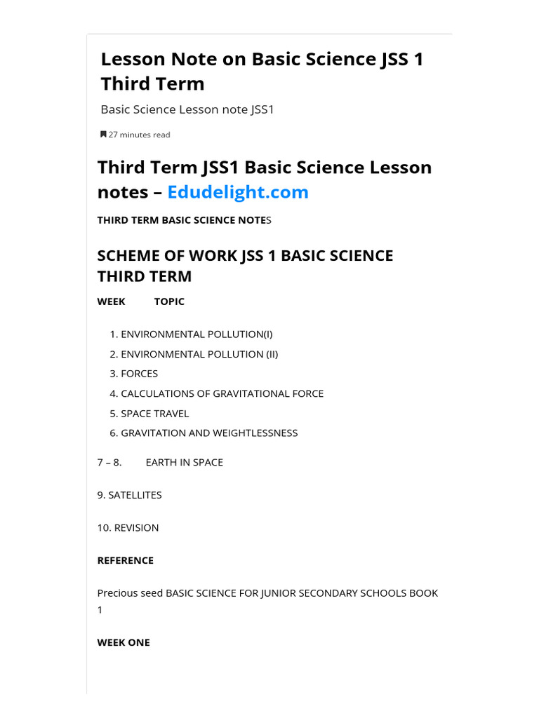 Lesson Note On Basic Science JSS 1 Third Term | PDF | Planets | Solar System