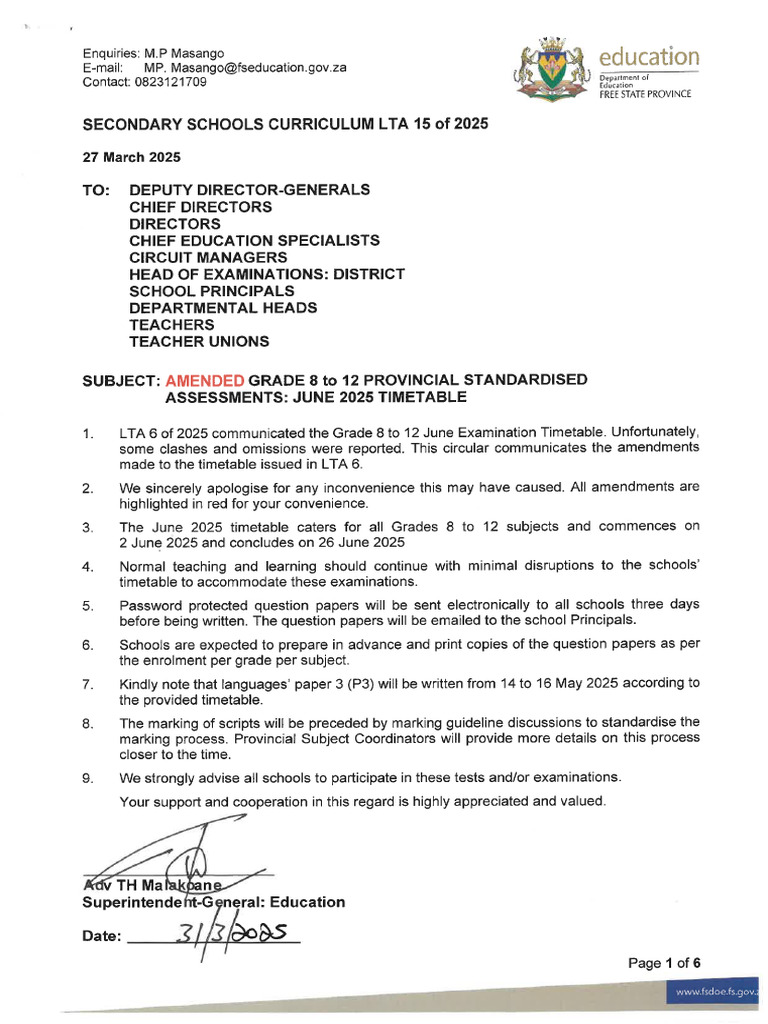 LTA 15 of 2025 - Amended Grade 8-12 Provincial Standardised Assessments June 2025 Timetable | PDF