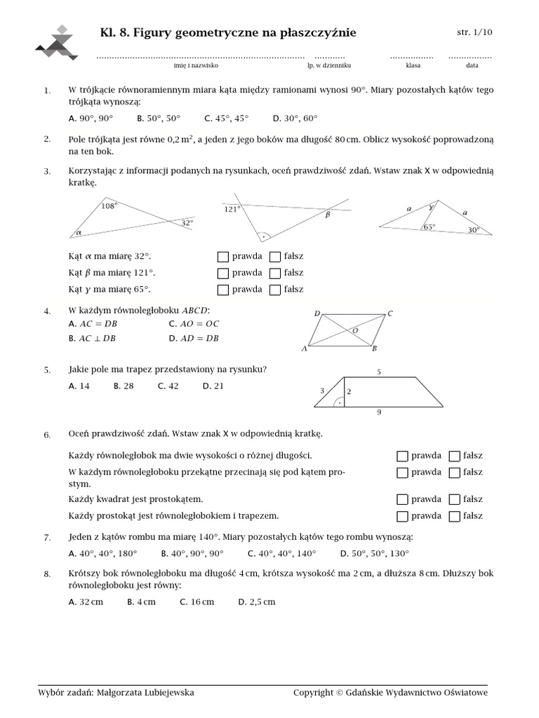 Zadania Na Sprawdzian - Figury - 8 Klasa | PDF