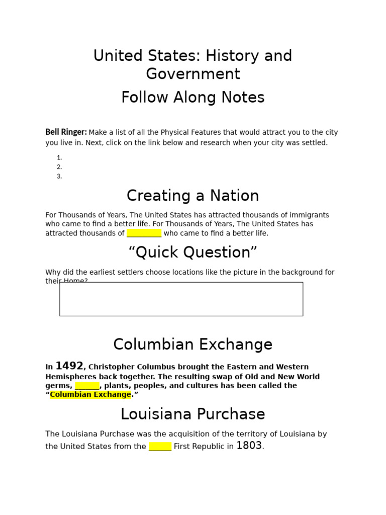 United States: History and Government Follow Along Notes: Bell Ringer ...