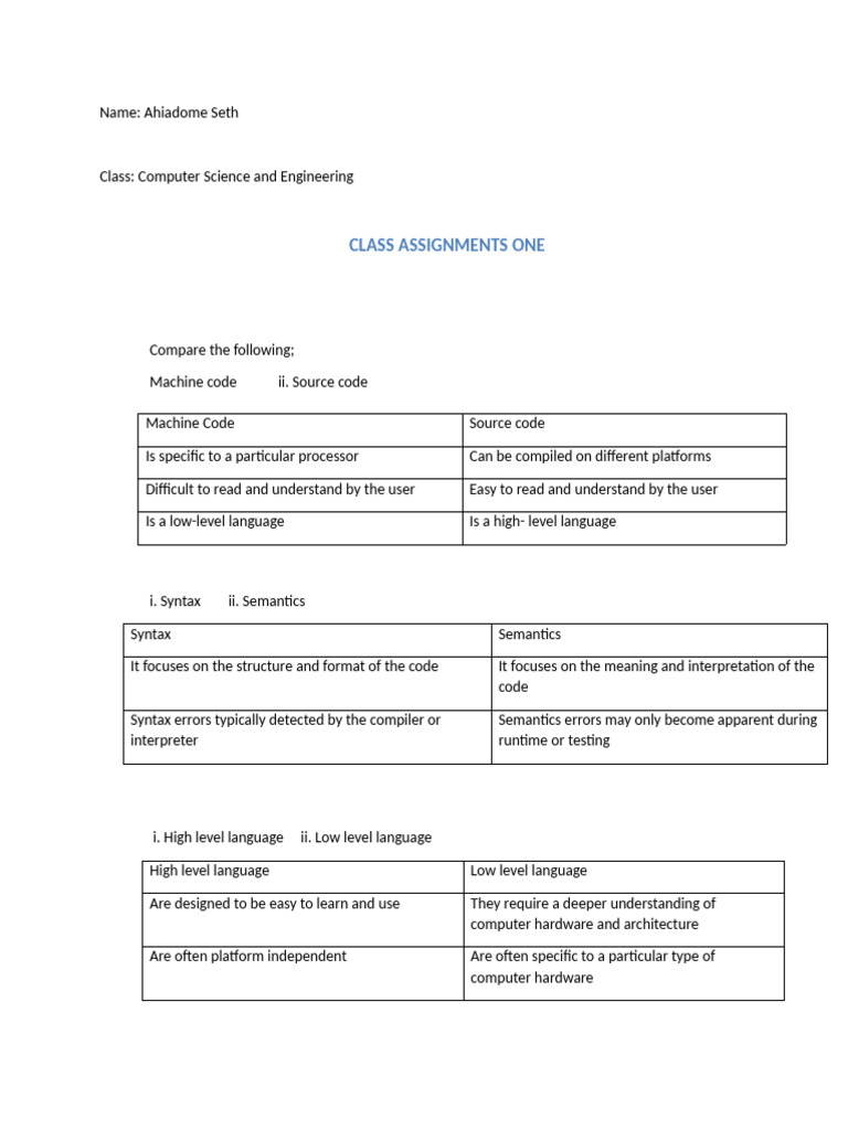Class Assignments One | PDF