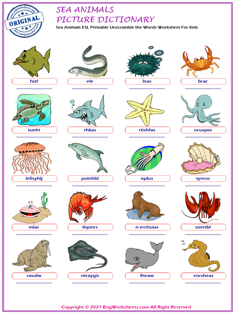 Sea Animals Esl Printable Unscramble The Words Worksheet For Kids 7396 ...
