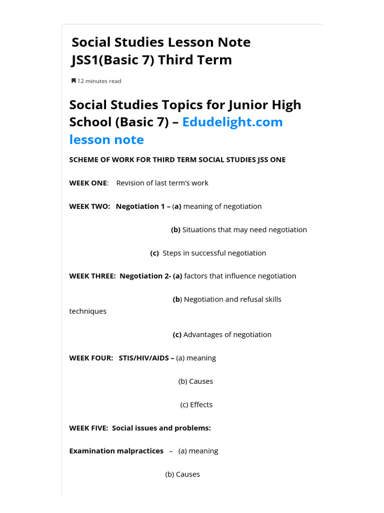 JSS1 Social Studies Lesson Plan | PDF | Hiv/Aids | Pollution