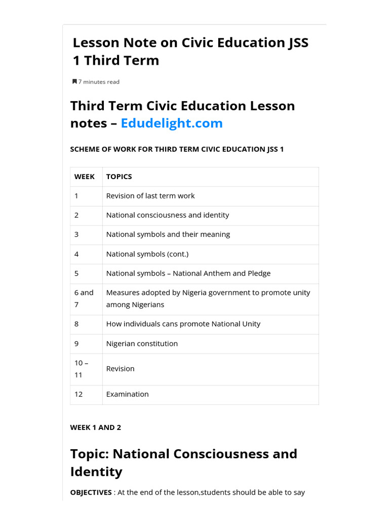 Lesson Note On Civic Education JSS 1 Third Term | PDF | Consciousness | Constitution