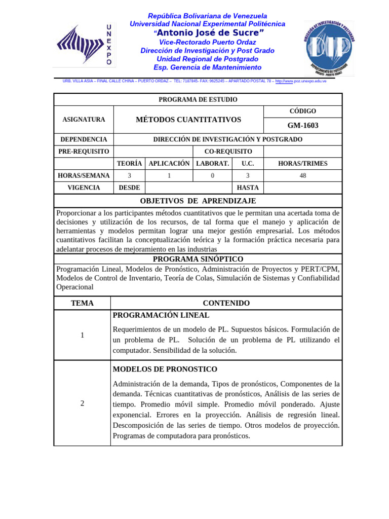 (Programa de La Asignatura) GM-1603 METODO CUANTITATIVO GCIA MTTO | PDF | Simulación ...