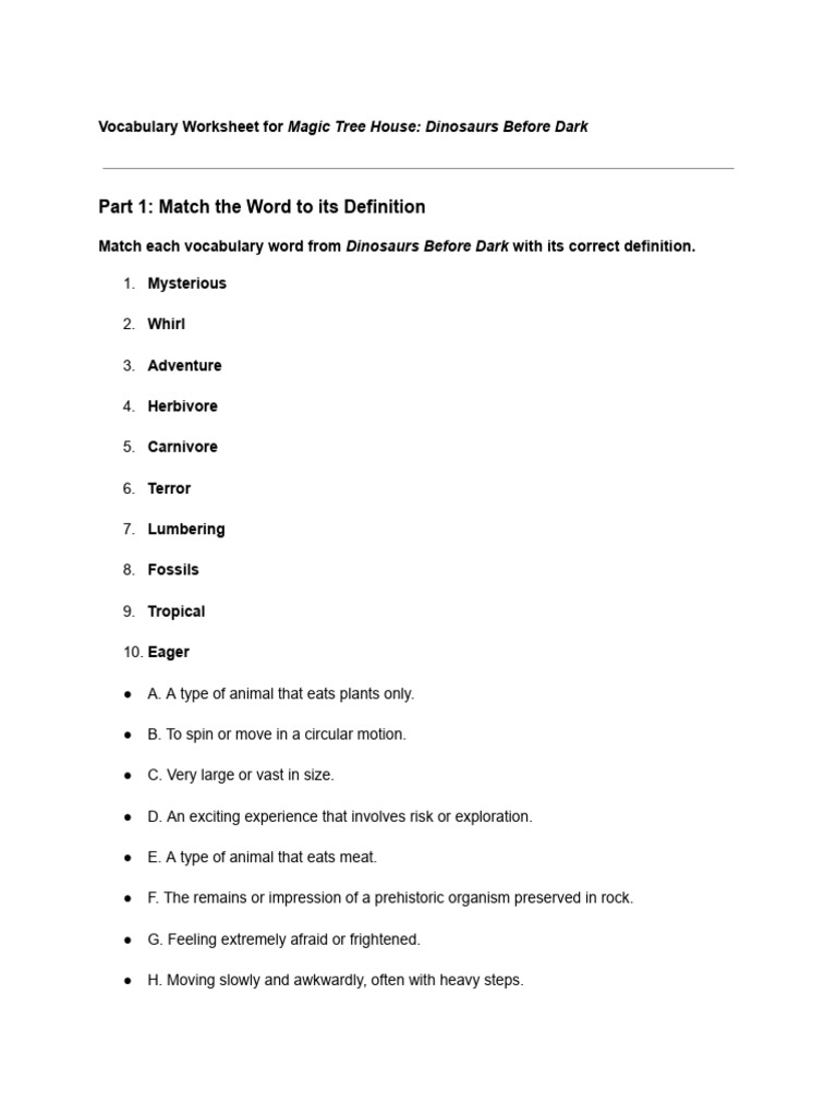 Dinosaurs Before Dark Vocabulary Worksheet | PDF