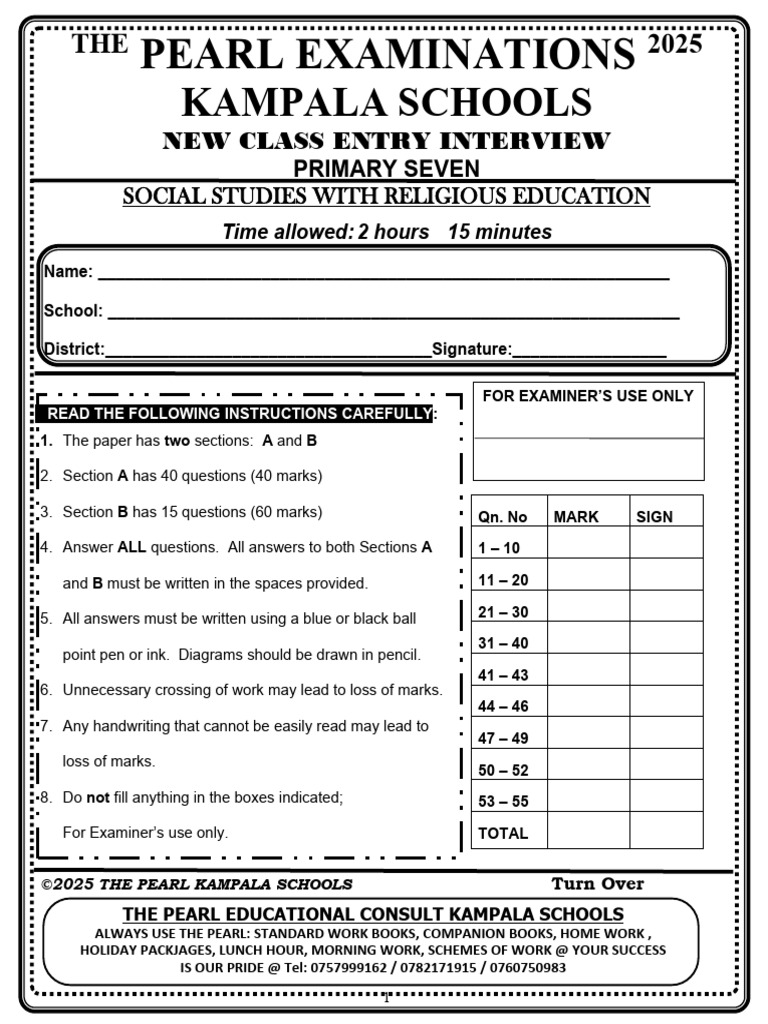 Pearl P.7 New Class Entry SST 2025 | PDF | Prophets And Messengers In ...