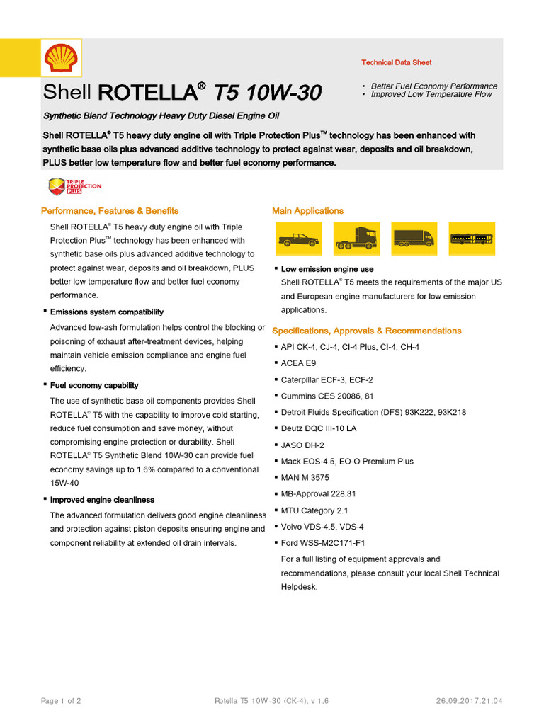 Shell Rotella T5 10W 30 Datasheet | PDF | Motor Oil | Engines