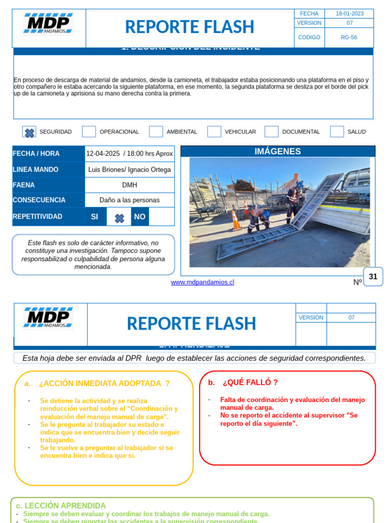 Nº31 RG-56 Reporte Flash Golpeado Por Manipulacion Pieza Andamios DMH | PDF