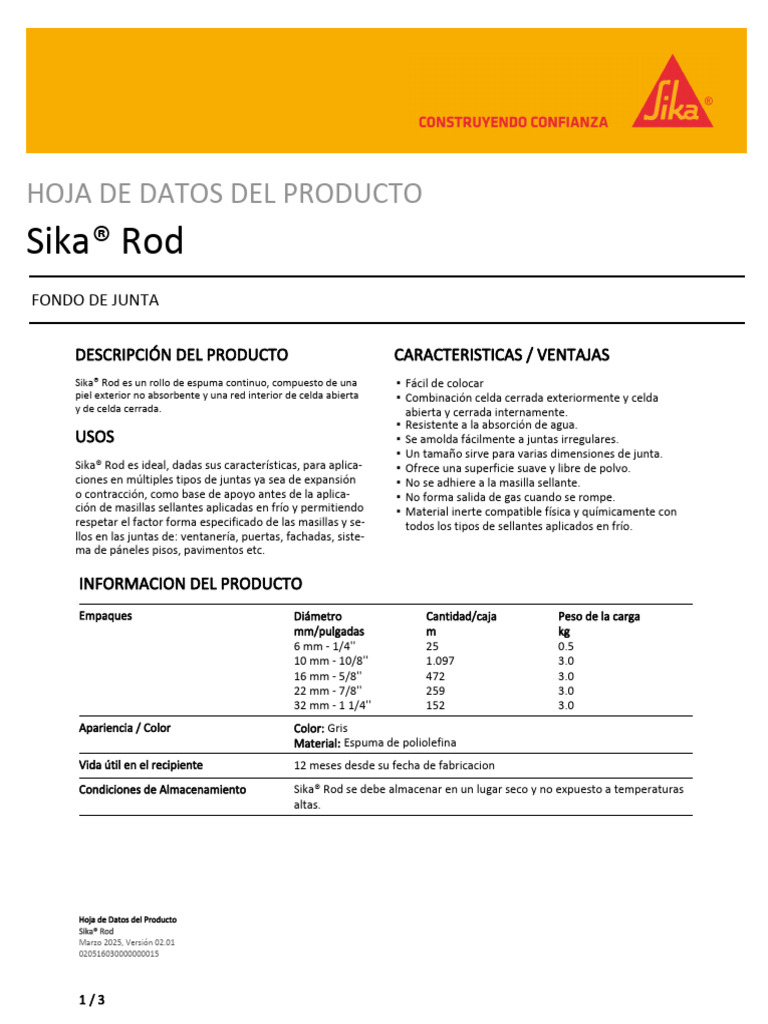 Sika Rod | PDF | Absorción (Química) | Espuma
