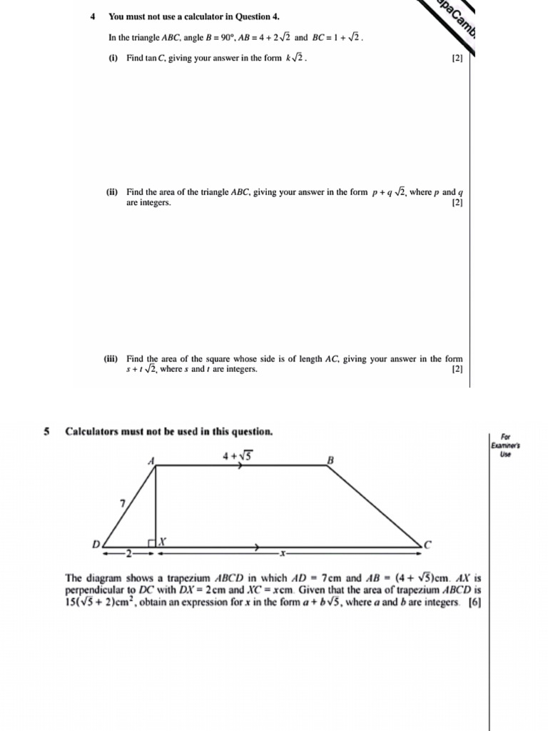 Do Not Use A Calculator 4037 Add Maths - 250417 - 213605 | PDF