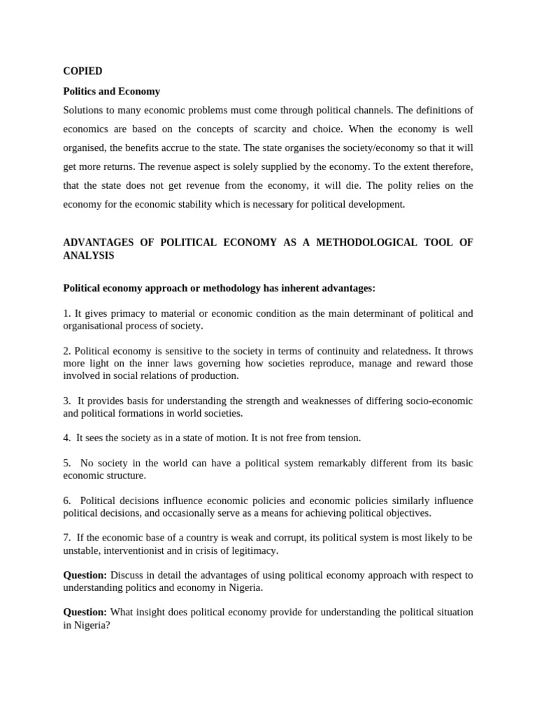 Political Economy Approach or Methodology Has Inherent Advantages | PDF