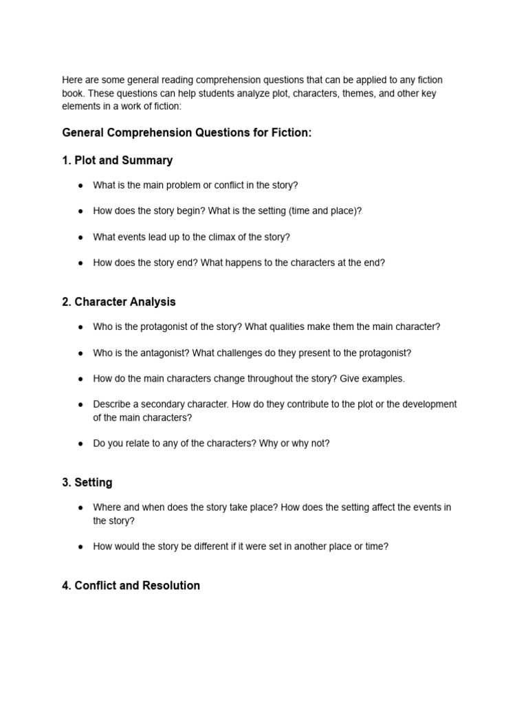 General Comprehension Questions For Fiction | PDF | Plot (Narrative)