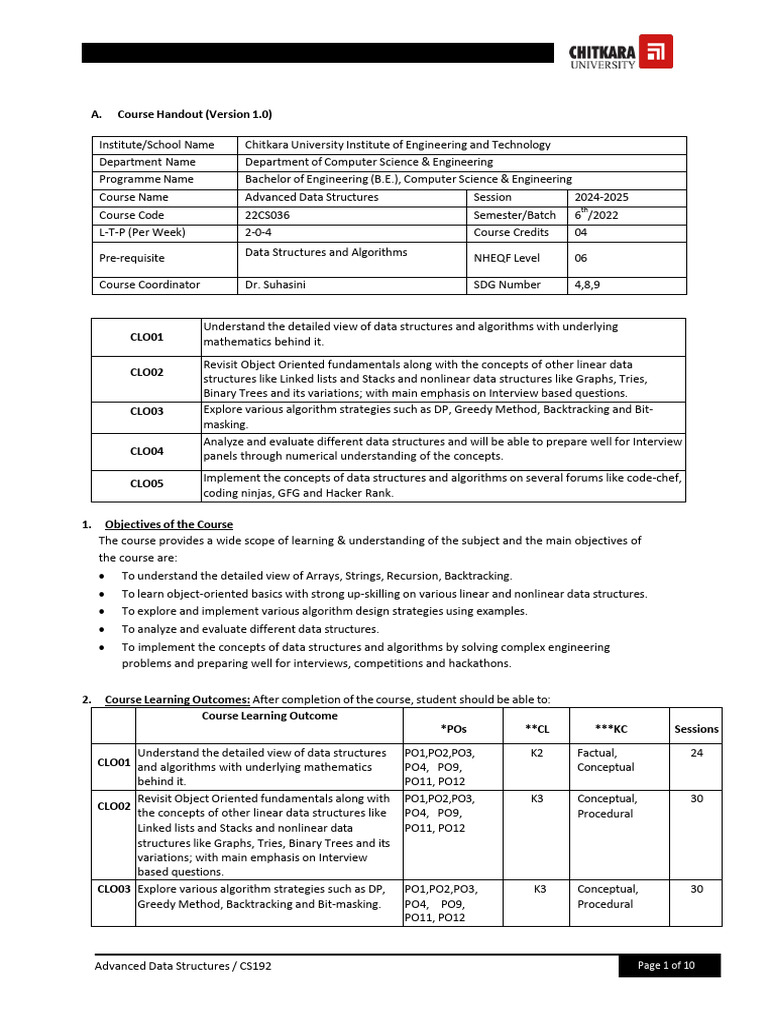 Advanced Data Structures Course Plan | PDF | String (Computer Science) | Algorithms And Data ...