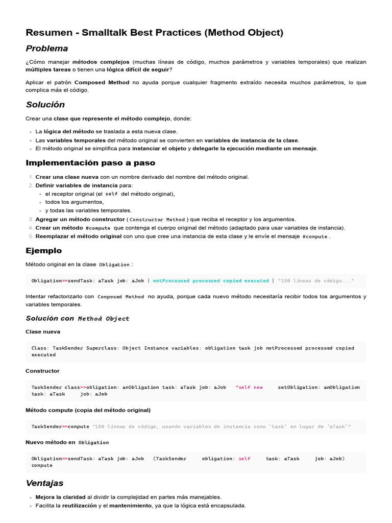 Resumen - Smalltalk Best Practices (Method Object) | PDF | Objeto (informática) | Programación ...