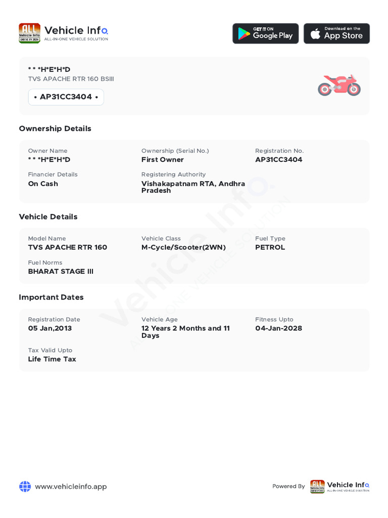 TVS Apache RTR 160 Ownership Details | PDF