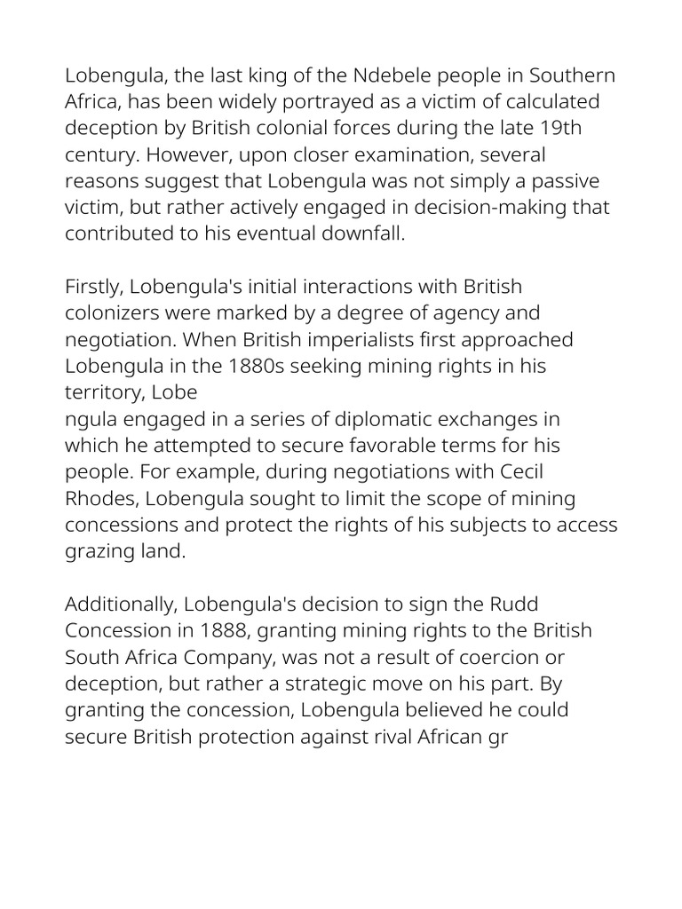 Reasons That Suggest That Lobengula Wasn't A Victim of Calculated ...