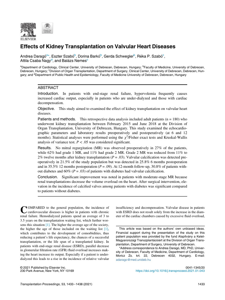 Kidney Transplant Effects on Heart Valves | PDF | Organ Transplantation ...