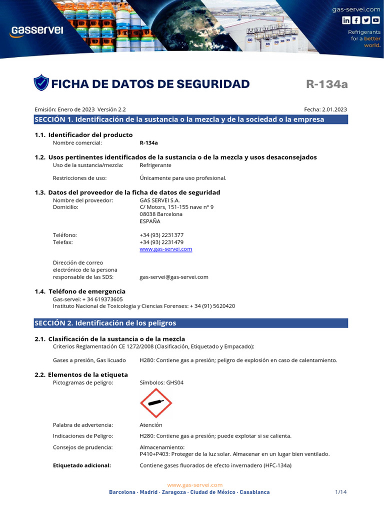 Ficha Datos Seguridad R 134a GS 2023 | PDF | Oxígeno | Agua
