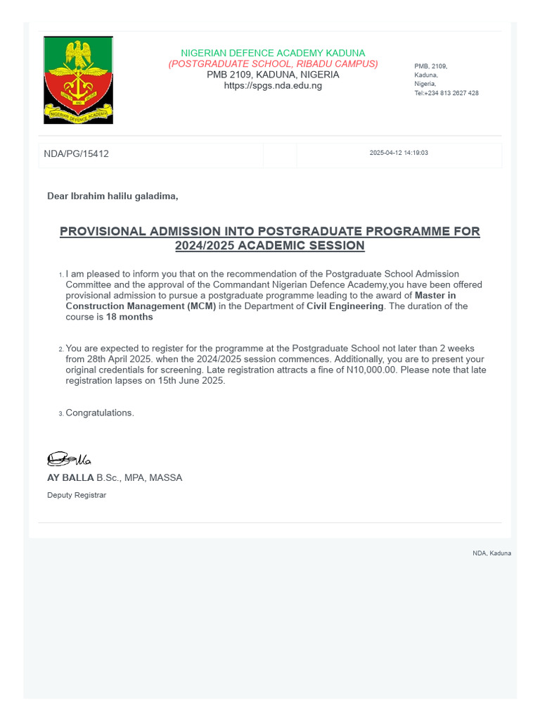 NDA Postgraduate Admission 2024/2025 | PDF