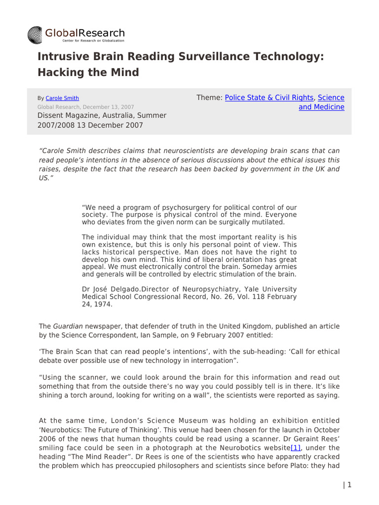 Smith, C 2007 ・INTRUSIVE₋BRAIN₋READING₋SURVEILLANCE₋TECHNOLOGY⦂HACKING₋THE₋MIND・ Global Research