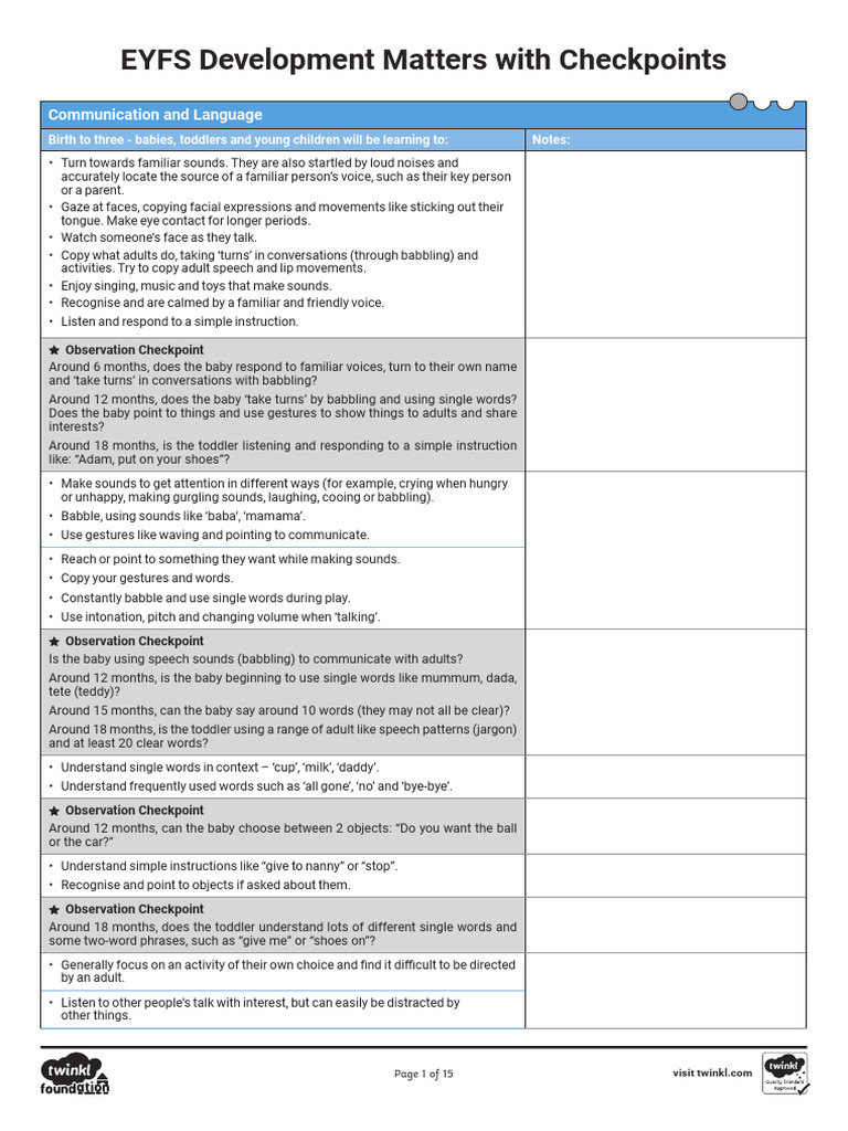 EYFS Communication Development Checkpoints | PDF | Infants | Vocabulary