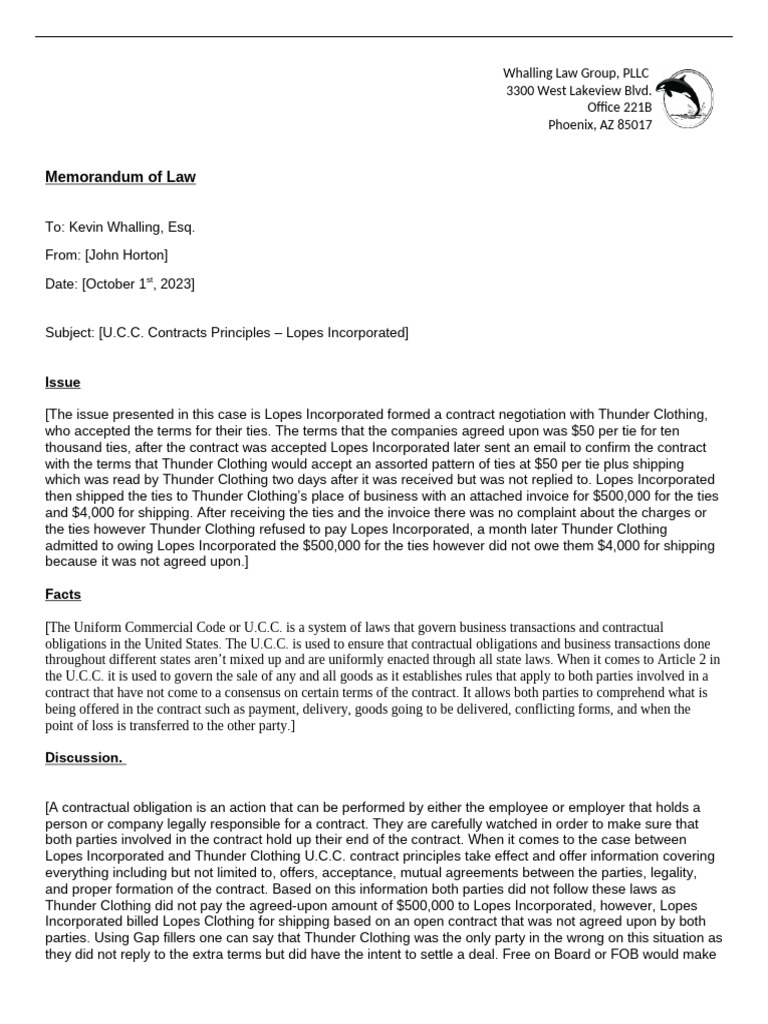 Memorandum of Law U.C.C. Contracts Principles | PDF | Business | Common Law