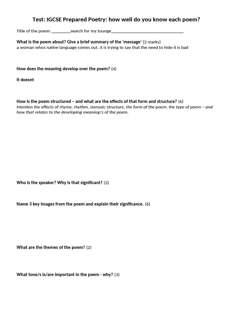 IGCSE Poetry Analysis: "Search for My Tongue" | PDF