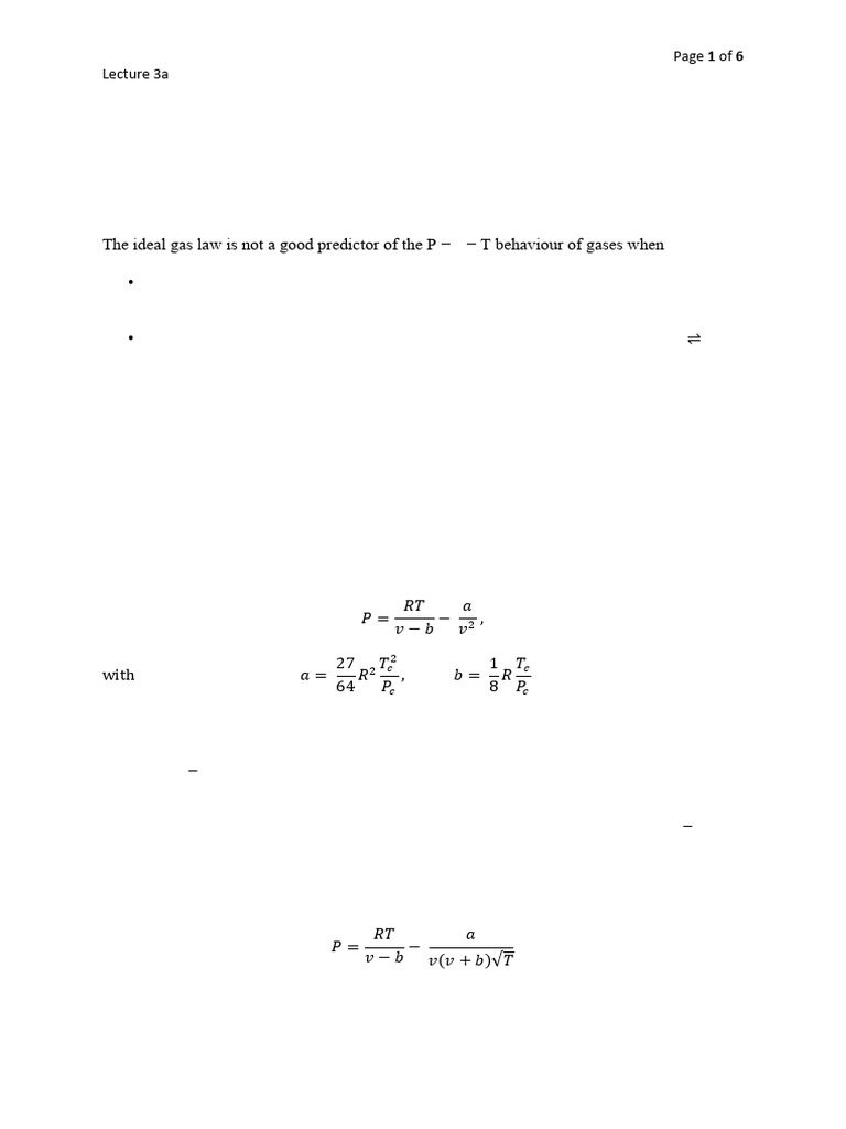 Lecture 3a - Non-Ideal Thermal Equations of State | PDF | Gases | Physics
