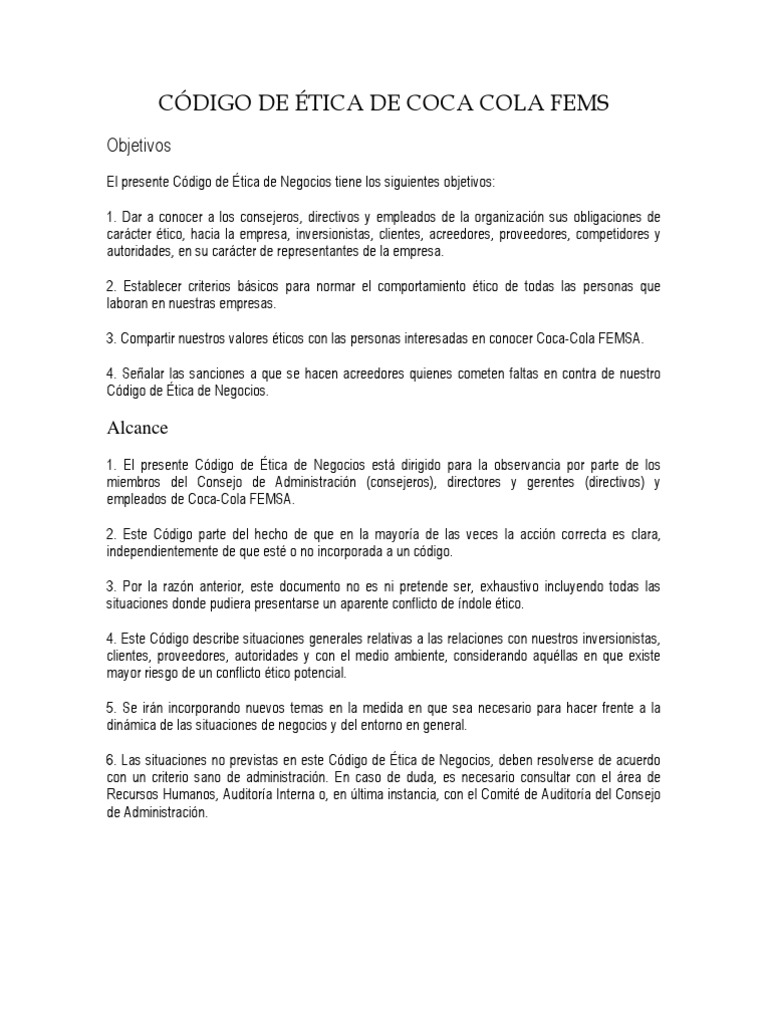 Código de Ética de Coca-Cola FEMSA | PDF | Recursos humanos | Junta ...