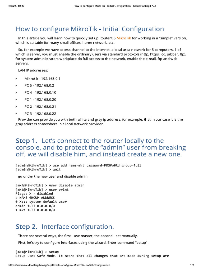 How to configure MikroTik - Initial Configuration - CloudHosting FAQ | PDF
