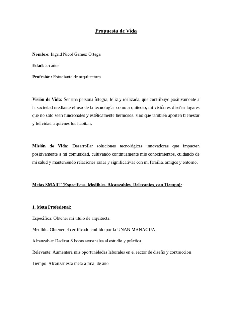 Propuesta de Vida de Ingrid Gamez Ortega | PDF