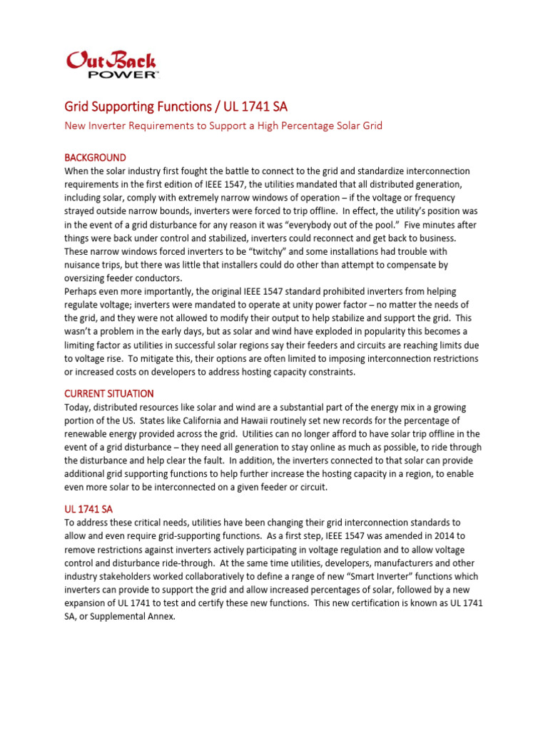 Outback 082017 SA Grid Supporting Functions Summary | PDF | Electrical ...