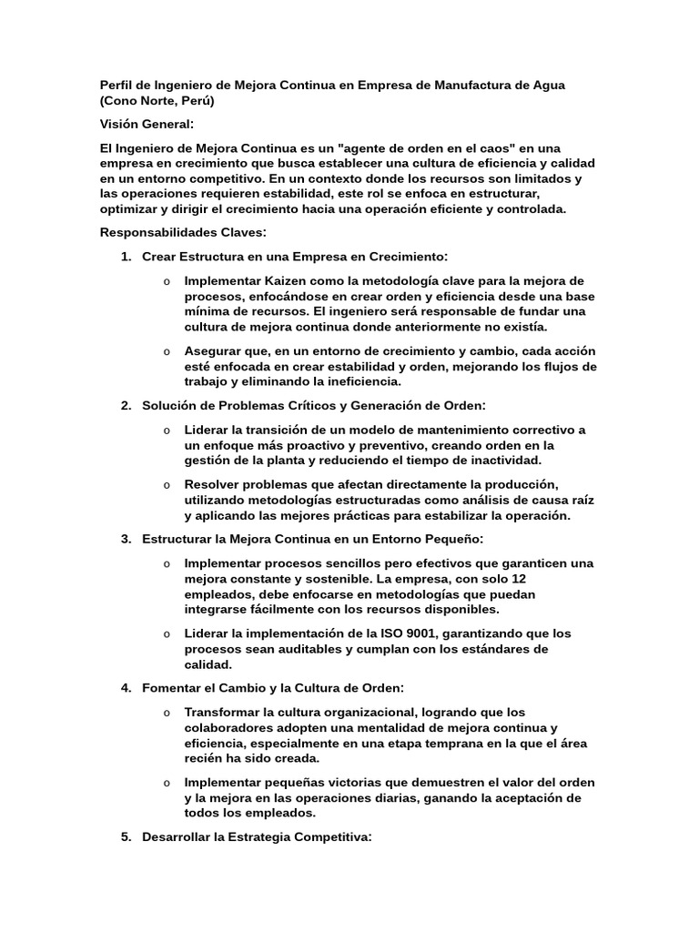 Perfil de Ingeniero de Mejora Continua en Una Planta de Manufactura | PDF | Economias | Business